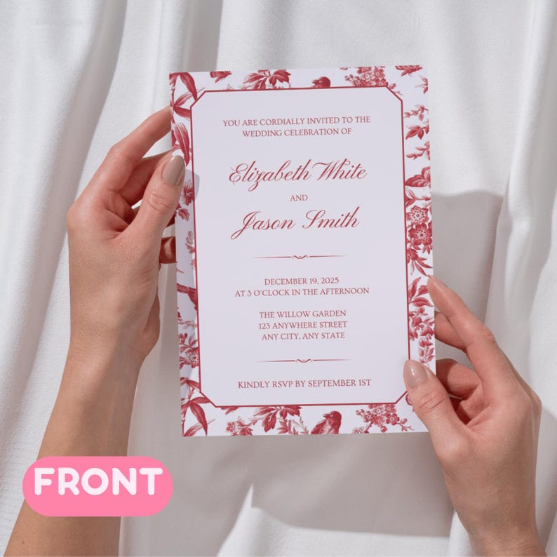 Red Floral Wedding Invitation Template: Elegant Vintage Design (5x7 ...