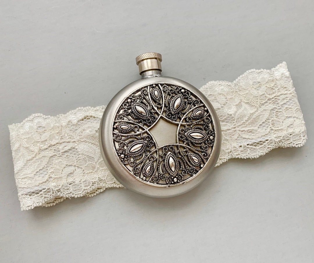 Round Flask Garter, Garter Flask, Ivory Lace Garter, Round Flask Garter ...