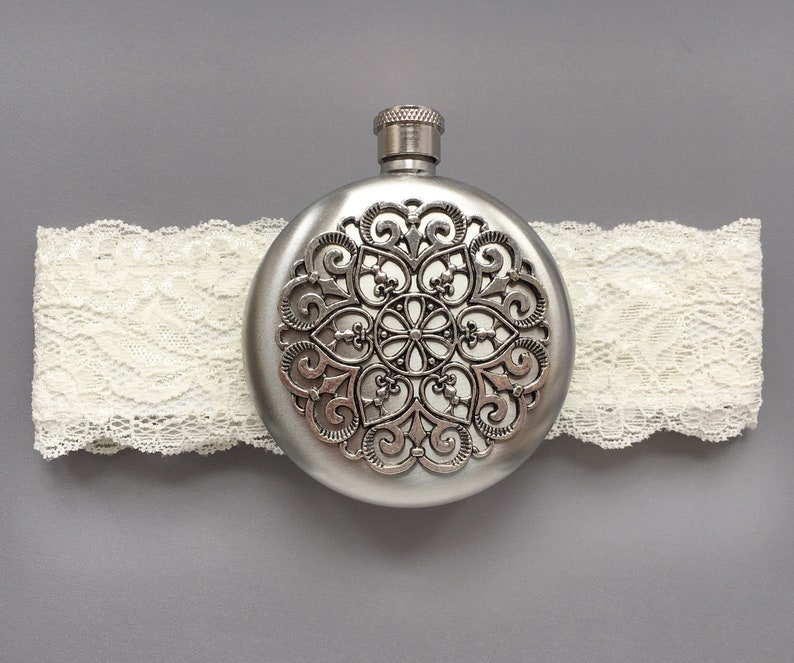 Round Flask Garter, Garter Flask, Ivory Lace Garter, Round Flask Garter ...