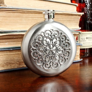 Round Flask Hip Flask Stainless Steel Flask With Antique Silver Design ...