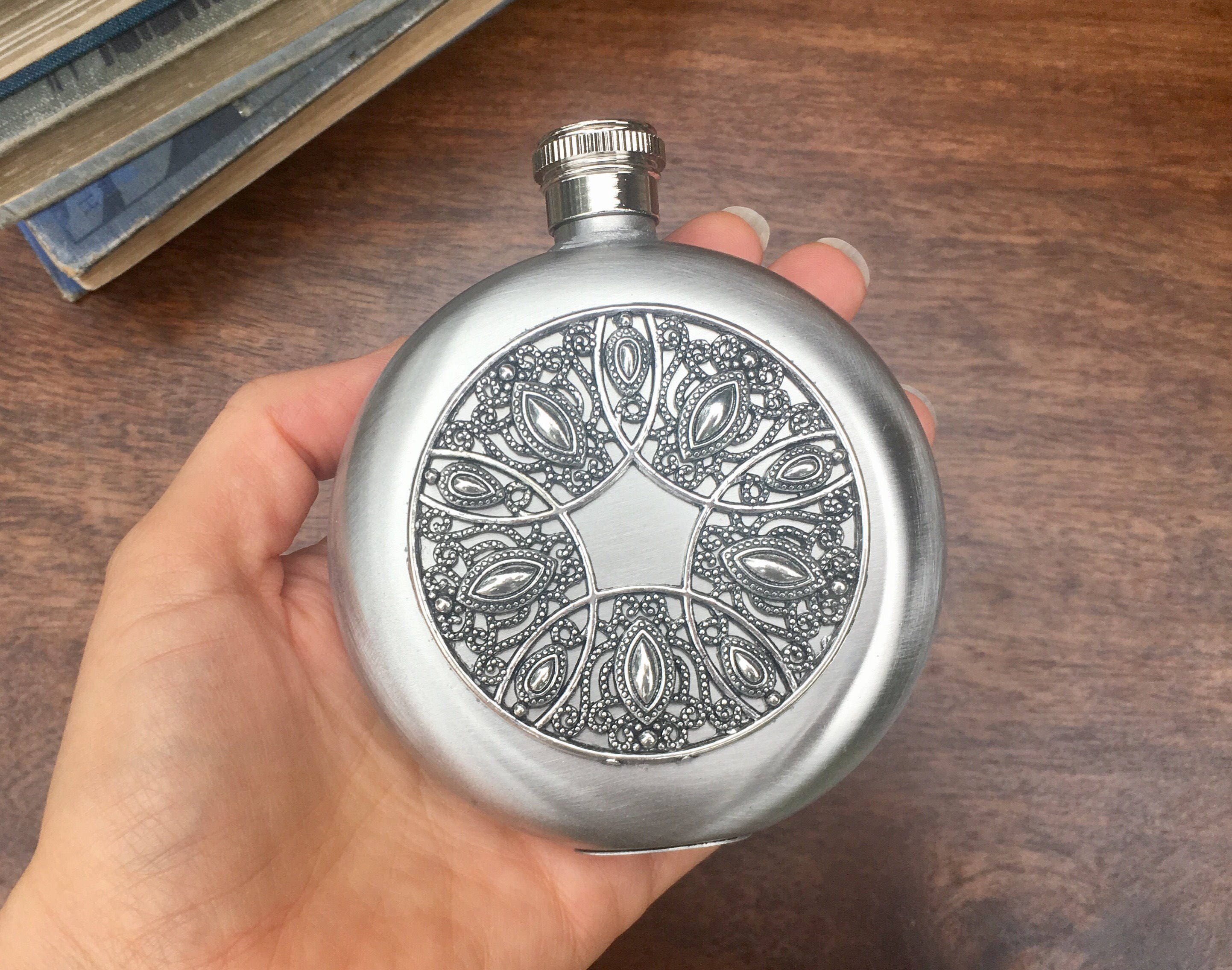 FLASK Round Flask Stainless Steel Flask With Antique Silver - Etsy