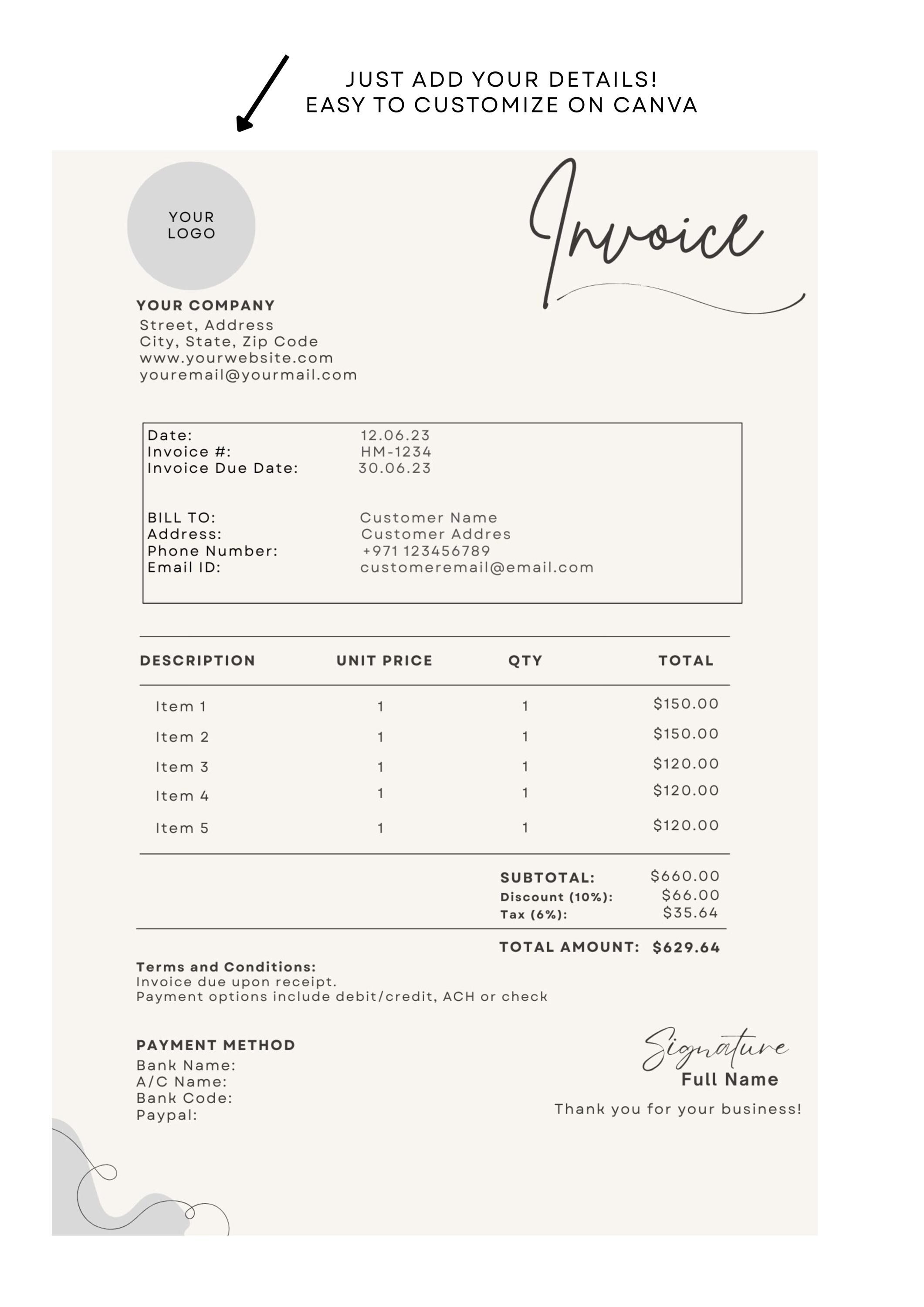 Editable Aesthetic Invoice Template, Professional Invoice, Invoice Form ...