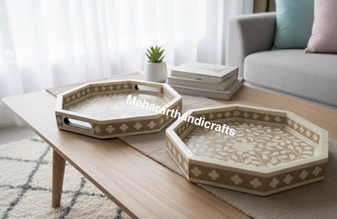 Handmade Floral Bone Inlay Tray Set: Octagonal Serving Trays - Etsy