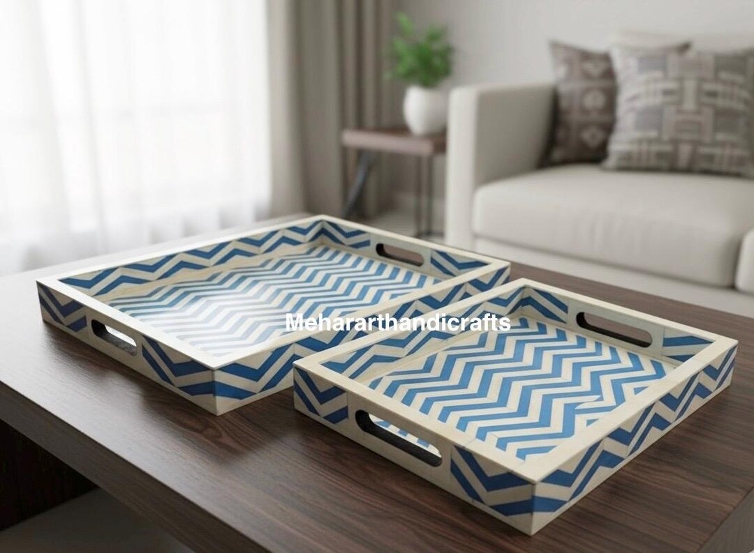 Handmade Blue Bone Inlay Chevron Trays: Set of 2 Decorative Serving ...
