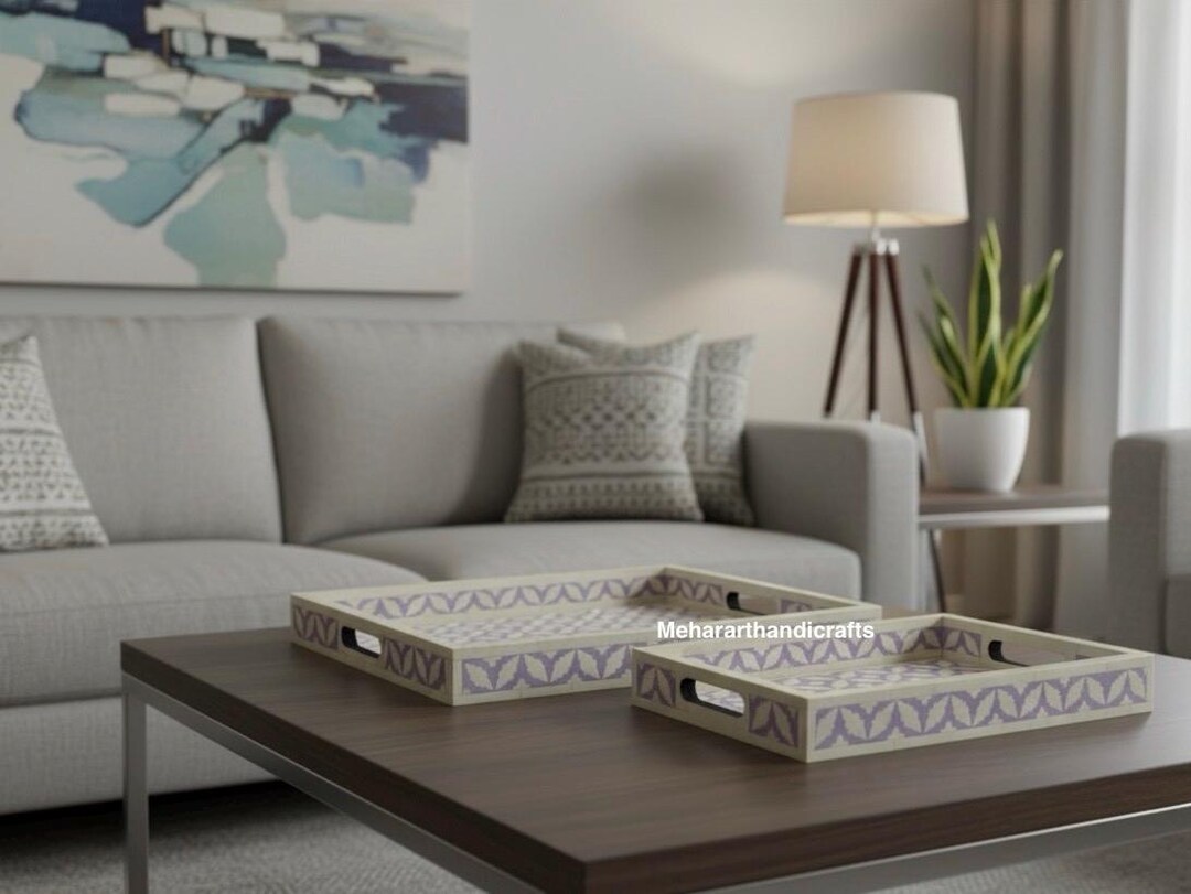 Set of 2 Lavender Bone Inlay Decorative Trays | Handmade Leaf Pattern ...