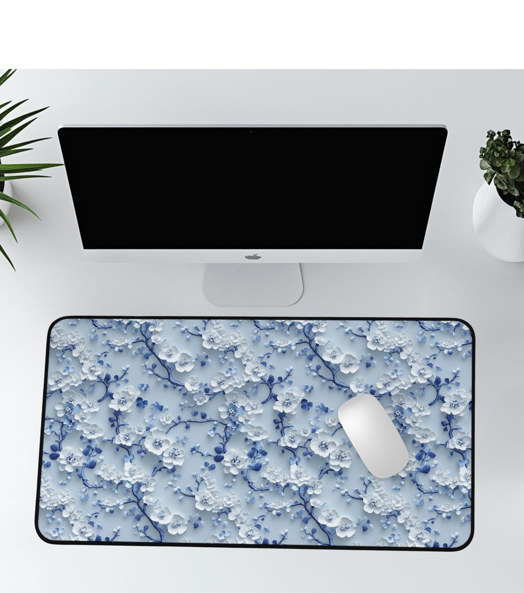 Chinoiserie Desk Mat, Blue Office Mat, Flowers Pattern, Cute Blue Mat ...