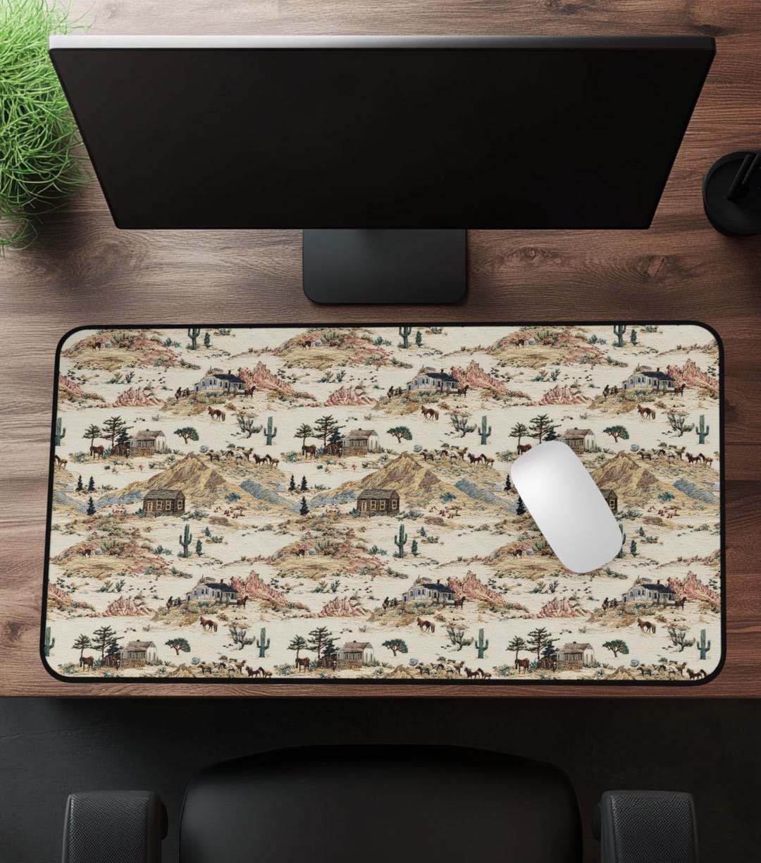 Western Desert Desk Mat: Vintage Cowboy Embroidery Style, Nature Office ...