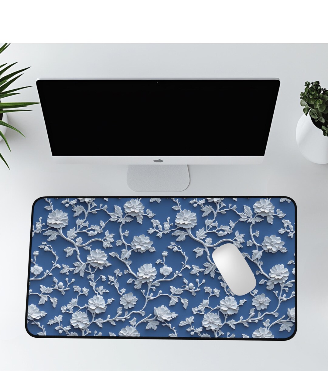 Chinoiserie Desk Mat, Blue Office Mat, Flowers Pattern, Cute Blue Mat ...