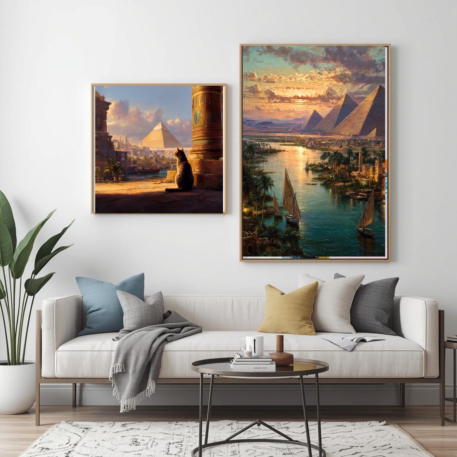 Pyramids of Giza Wall Art – Ancient Egypt Nile River Landscape Painting ...