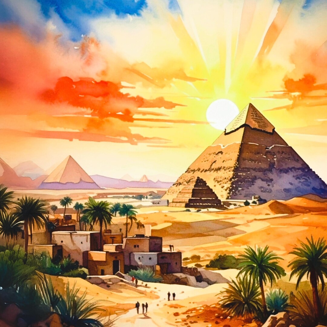 Cairo Pyramids Watercolor Print, Egyptian Desert Sunrise Wall Art - Etsy