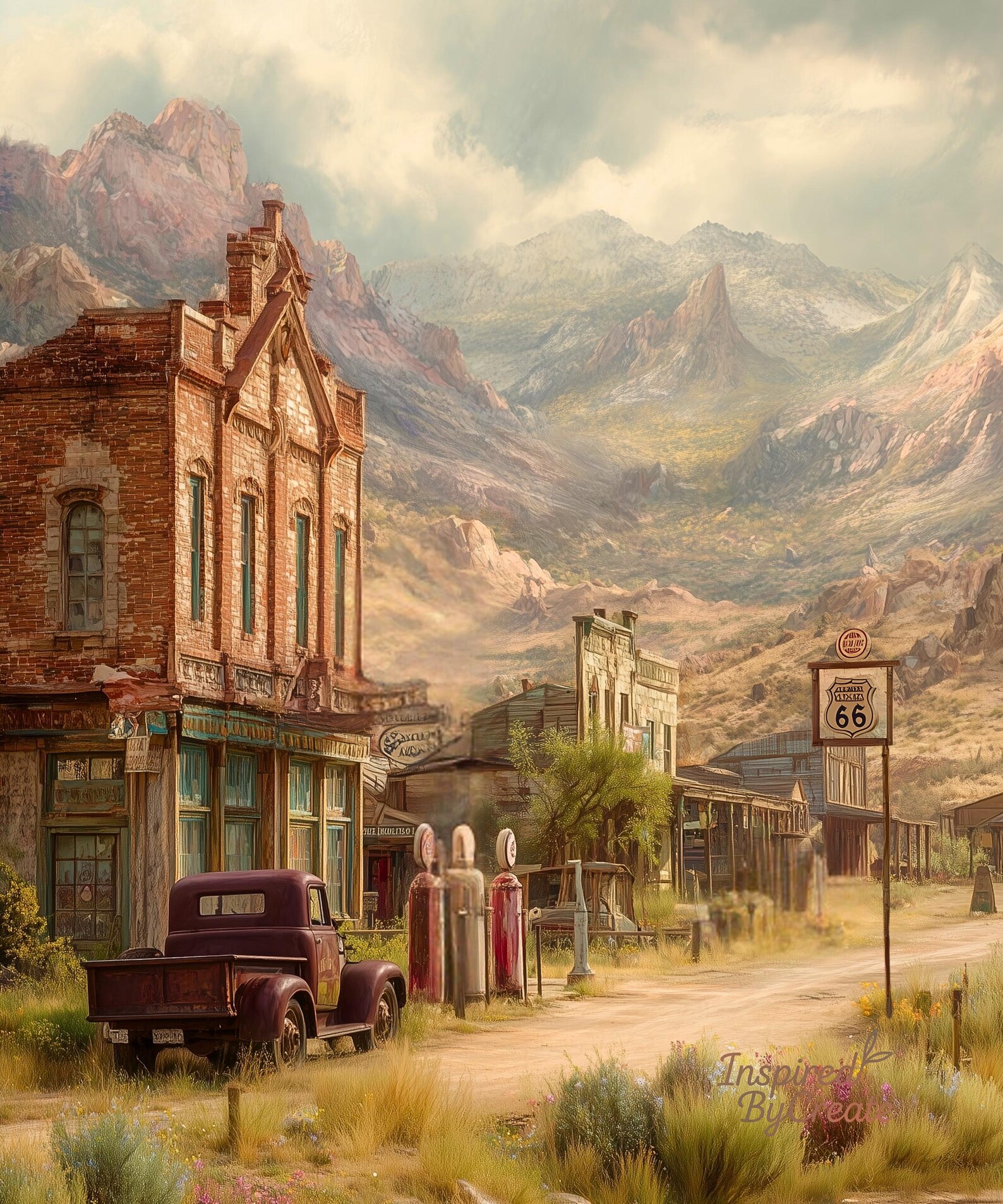 Route 66 Desert Town – Vintage Western Americana Art Print | Rustic ...