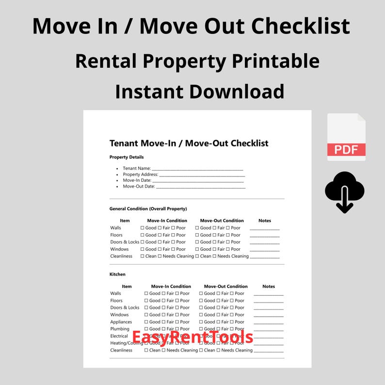 Tenant Move-in / Move-out Checklist Printable | Rental Property Form ...