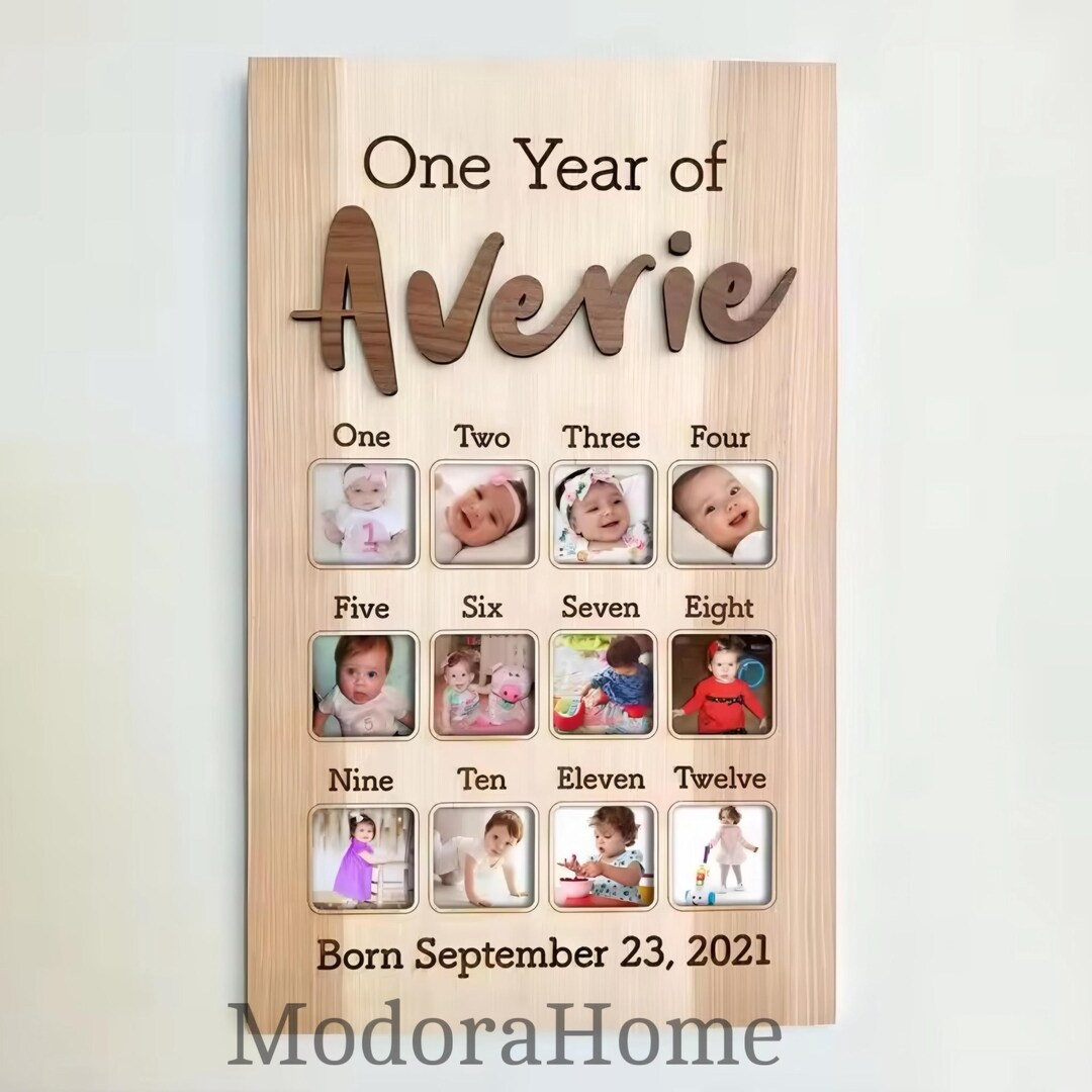 Wooden Custom Baby Name Photo Frame – 1st Year Monthly Milestone Board ...