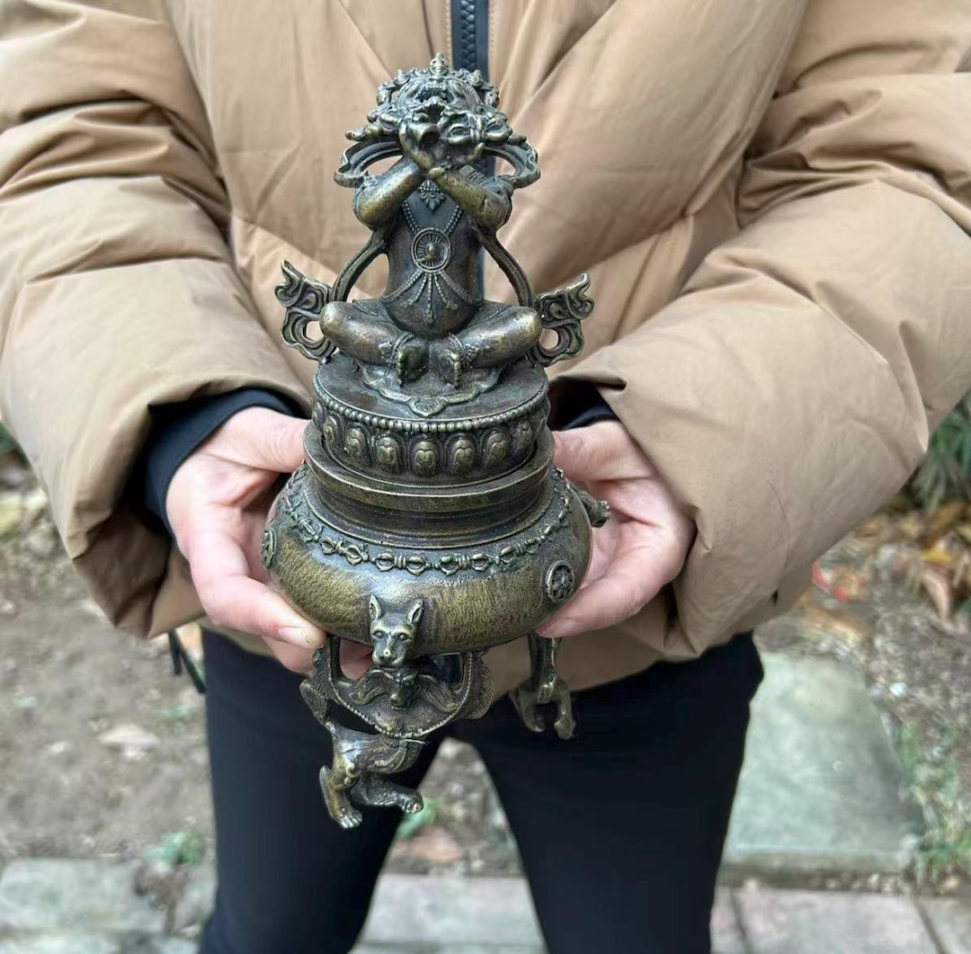 Tibetan Style Bronze Incense Burner Guardian Deity Censer Vintage ...