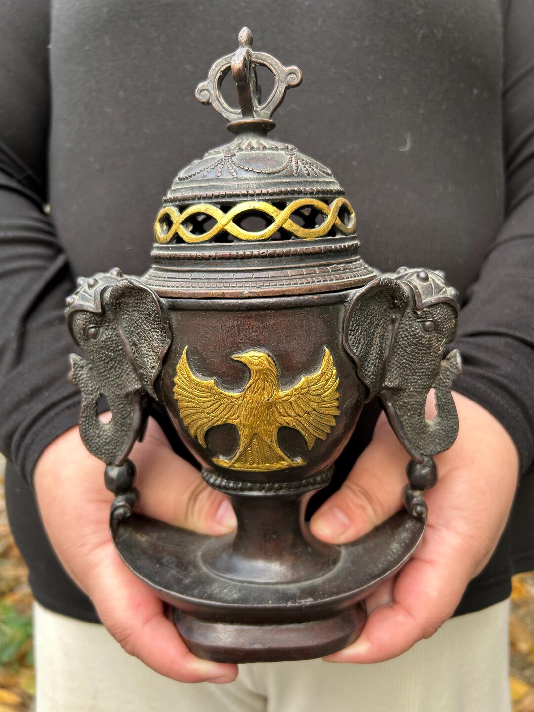 Vintage Brass Elephant Ear Eagle Incense Burner Hollow Gilt Censer ...