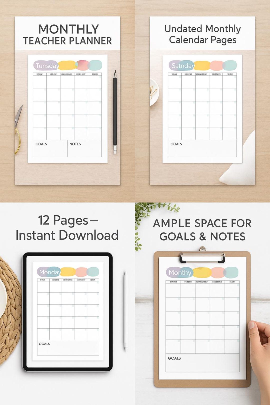 Printable Teacher Planner – Undated Monthly Calendar (digital Download ...