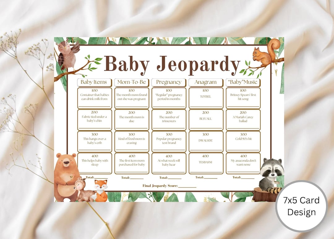 Baby Jeopardy Game, Baby Shower Game, Jeopardy Game Card, Woodland ...