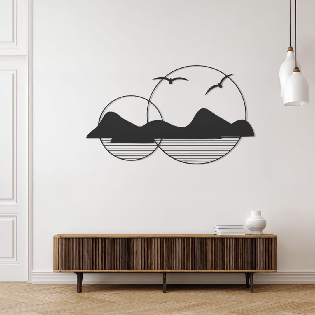Modern Sunset Wall Art, Metal Ocean and Mountain Scene With Birds ...