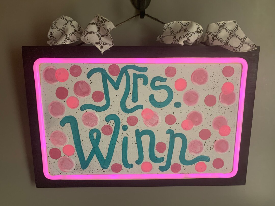 Custom Teacher Door Sign With Pink Led Tube Light-battery Operated Name ...