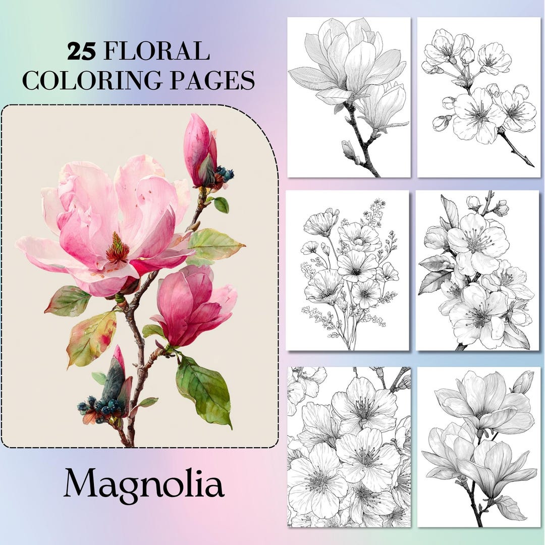 25 Blooming Magnolia Coloring Page. Printable Adult Color Therapy Book ...