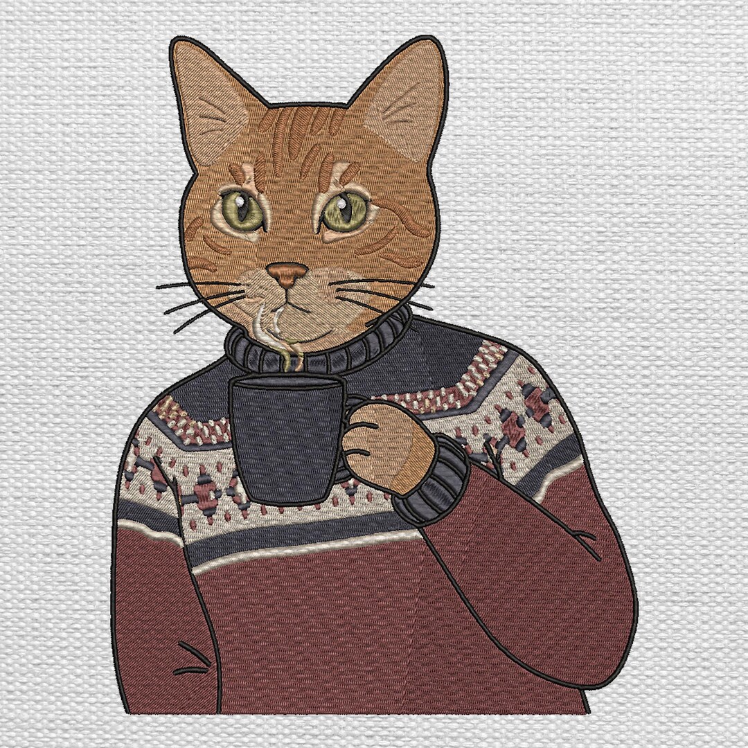 Cat Embroidery DST File, Coffee Cat Embroidery Design, Animal Machine ...