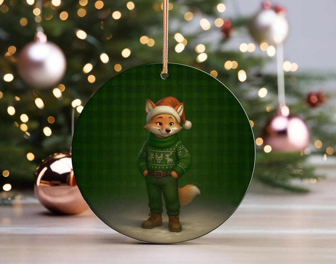 Christmas Fox Ornament, Cute Woodland Fox Holiday Decor, Cozy Green ...