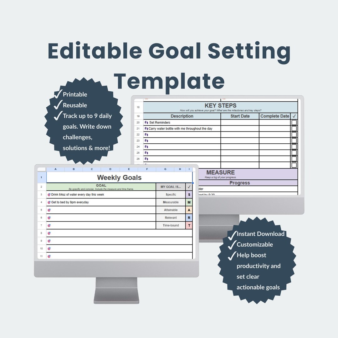 Editable Goal Setting Template Google Sheets Weekly Smart Goals Planner ...