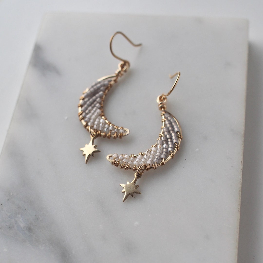 Beaded Moon and Star Charm Earrings - Etsy