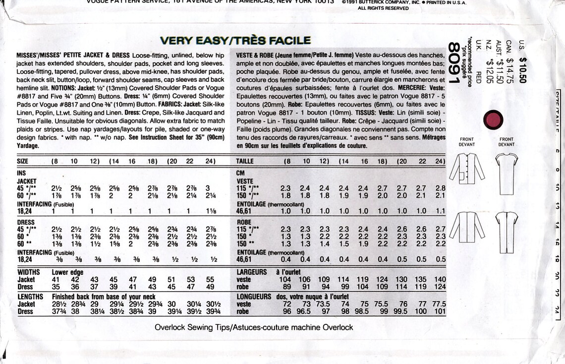 Vogue 8091 Sewing Pattern for Misses' Jacket and Dress | Etsy