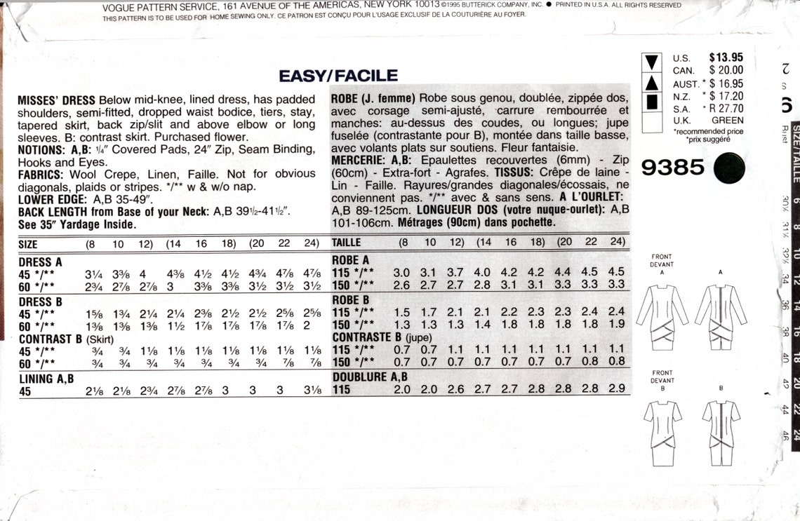 Vogue 9385 Sewing Pattern for Misses' Dress Uncut Size | Etsy