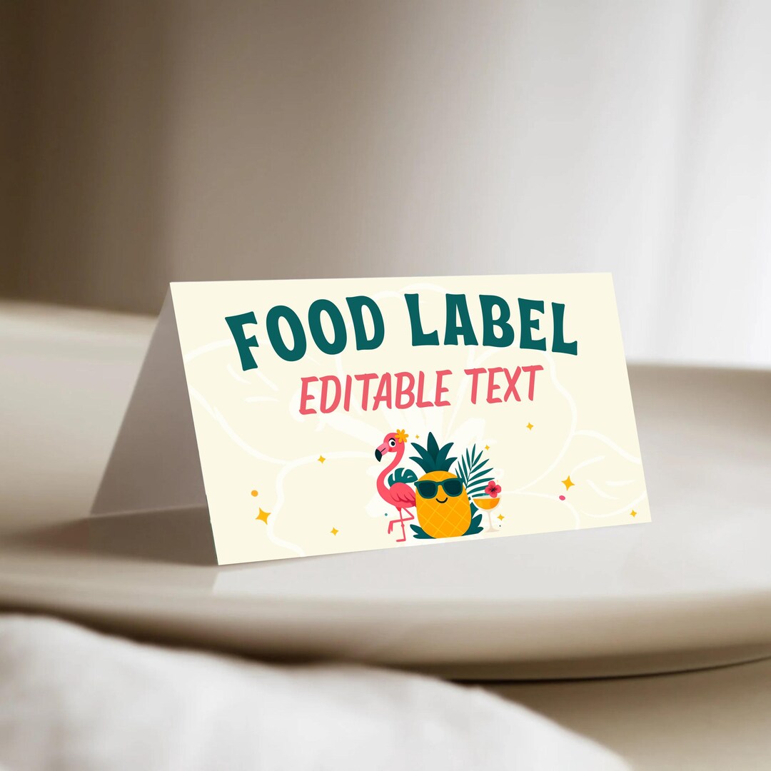 Tropical Party Food Label Template | Editable Party Tag | Flamingo ...