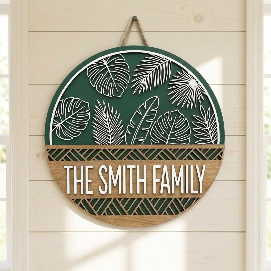 Personalized Family Name Sign, Tropical Wooden Door Hanger, Monstera ...
