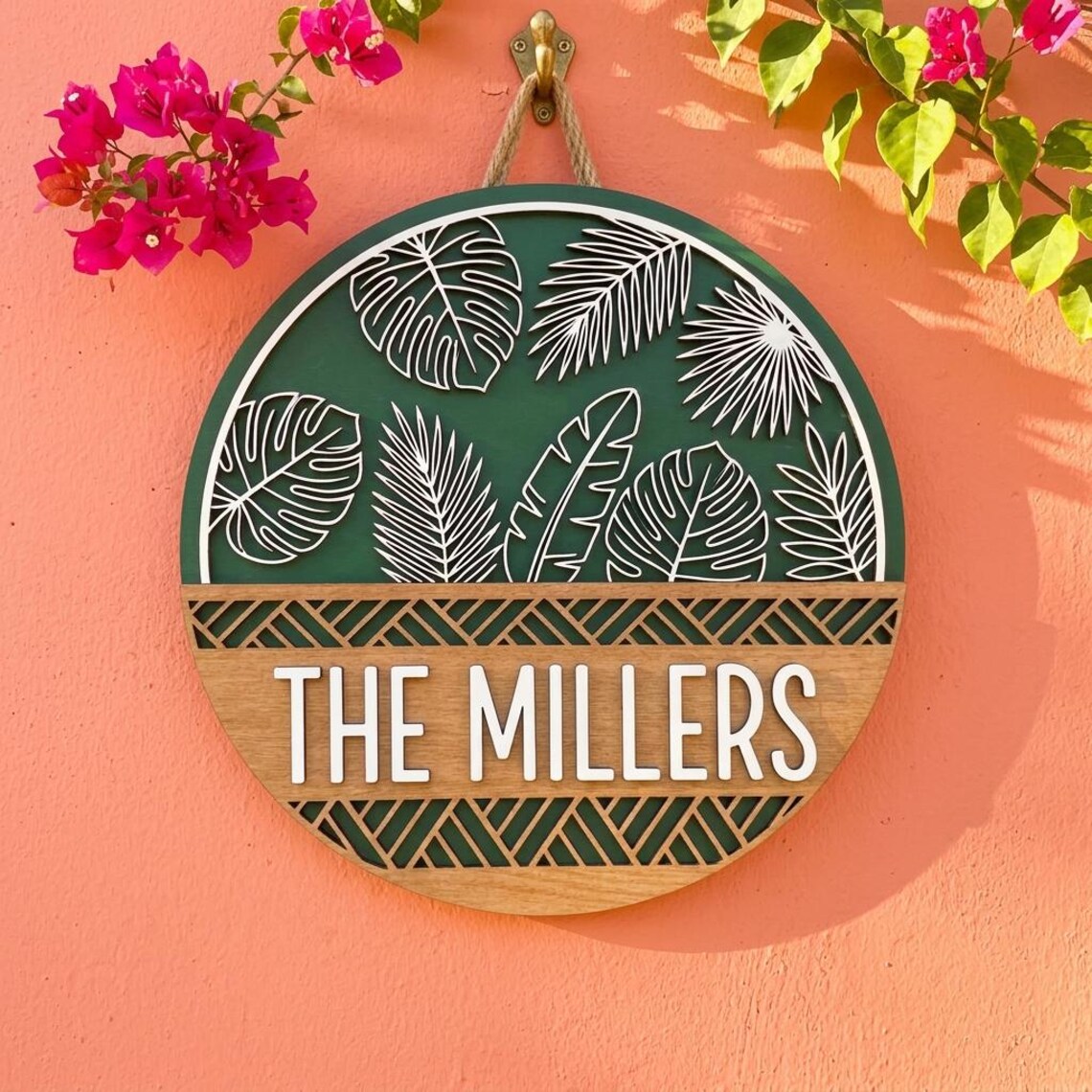 Personalized Family Name Sign, Tropical Wooden Door Hanger, Monstera ...