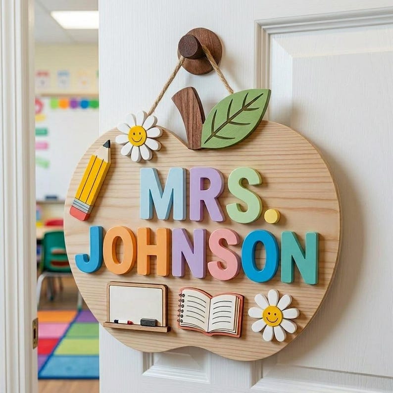 Personalized Apple Teacher Door Sign, Custom Teacher Name Wooden Door ...