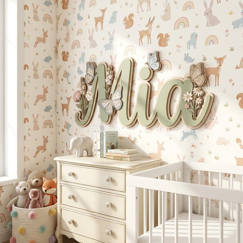 Personalized Butterfly Name Sign, Custom Flower Wood Letters, 3D Mint ...