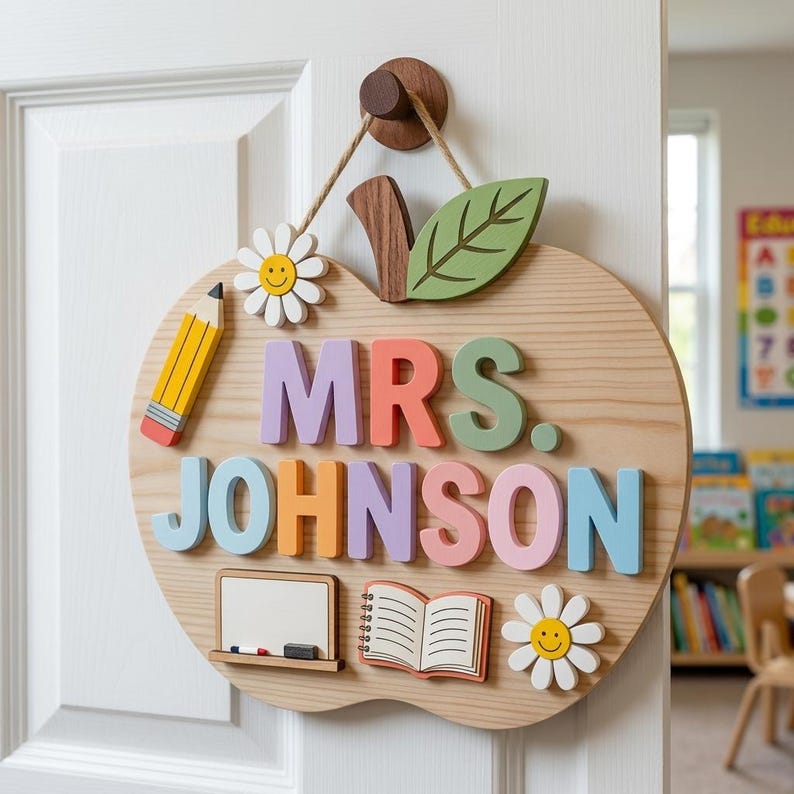 Personalized Apple Teacher Door Sign, Custom Teacher Name Wooden Door ...