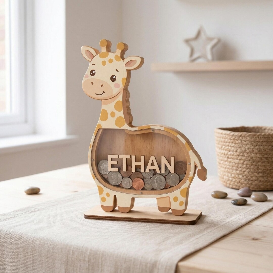 Personalized Animal Piggy Bank, Custom Wooden Name Coin Bank, Woodland ...