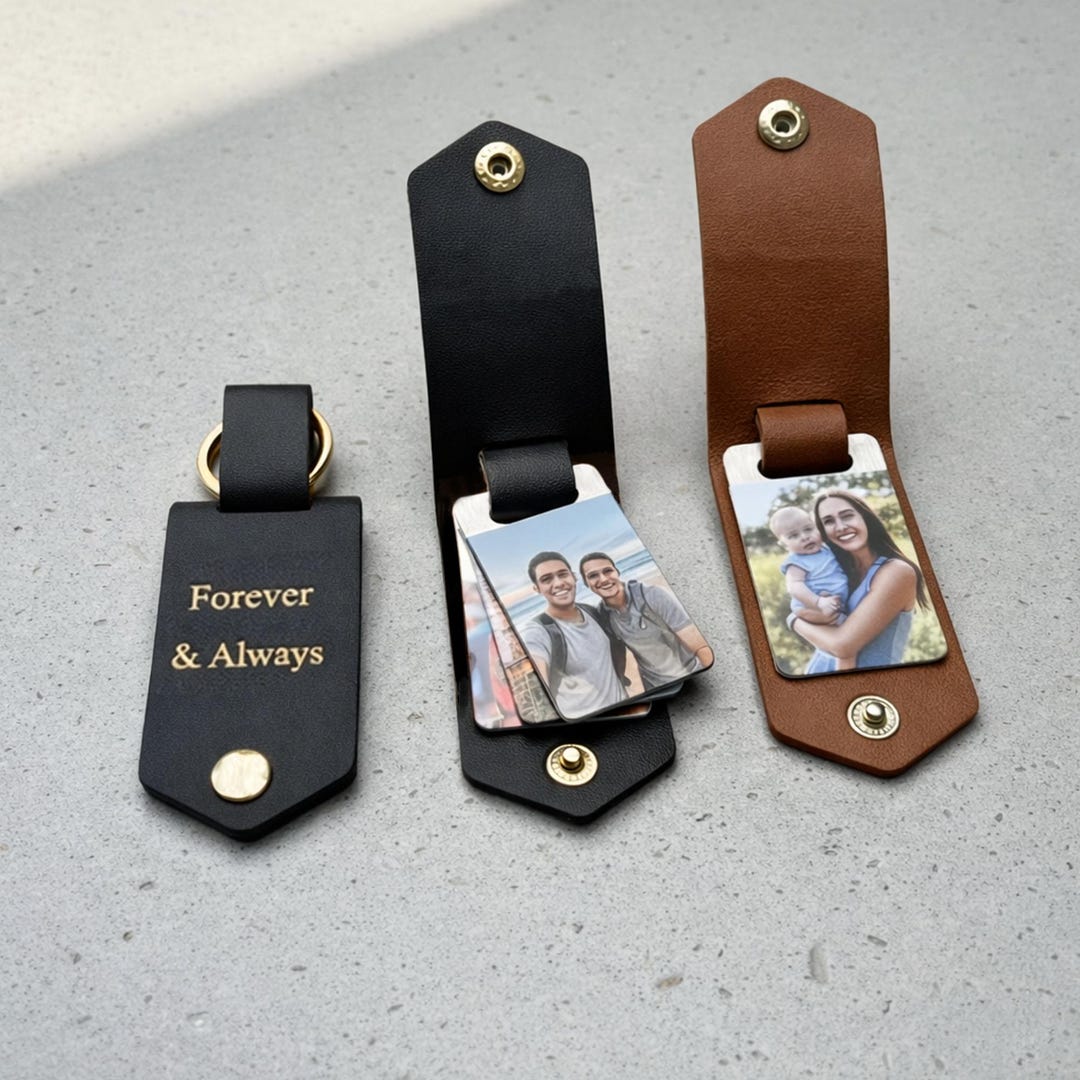 Personalized Photo Leather Keychain for Men, Custom Engraved Metal Tag ...