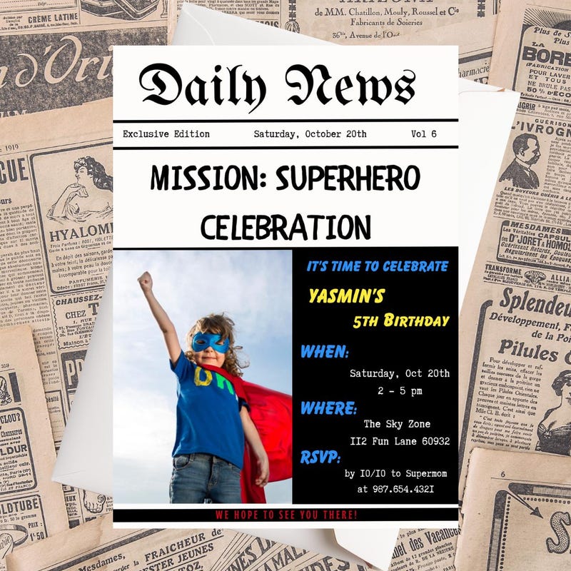 Superhero Newspaper Invitation - Etsy