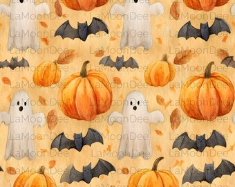 Halloween Ghost and Pumpkin Seamless Pattern, Cute Watercolor Ghosts ...