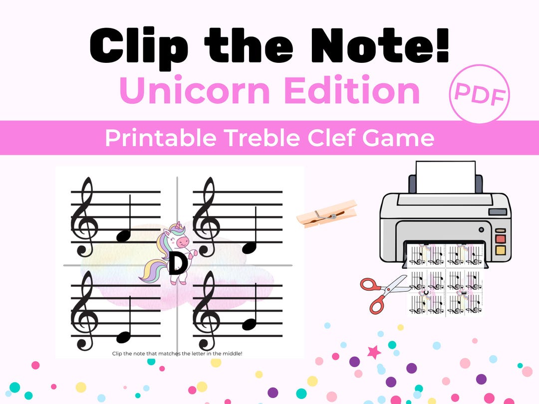 Unicorn Treble Clef Note Reading Game, Printable Music Activity (PDF ...