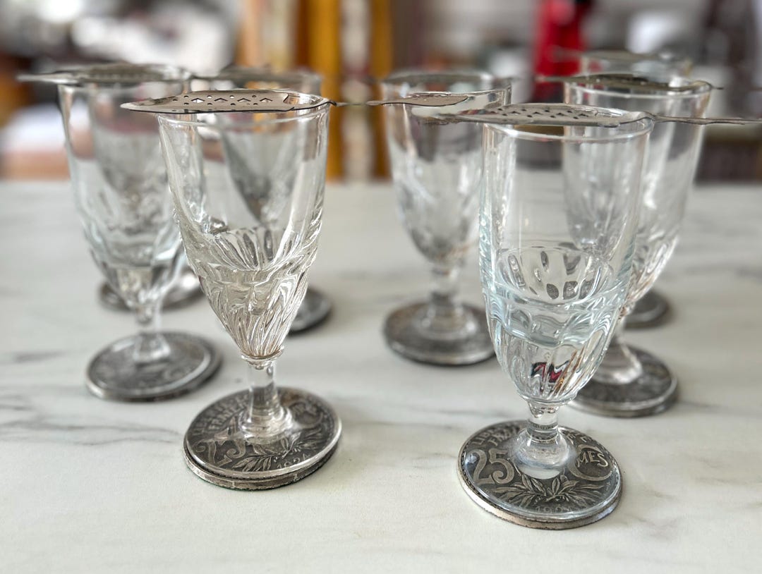 8 Vintage French Absinthe Glasses Heavy Classic 'torsade" With Spoons ...