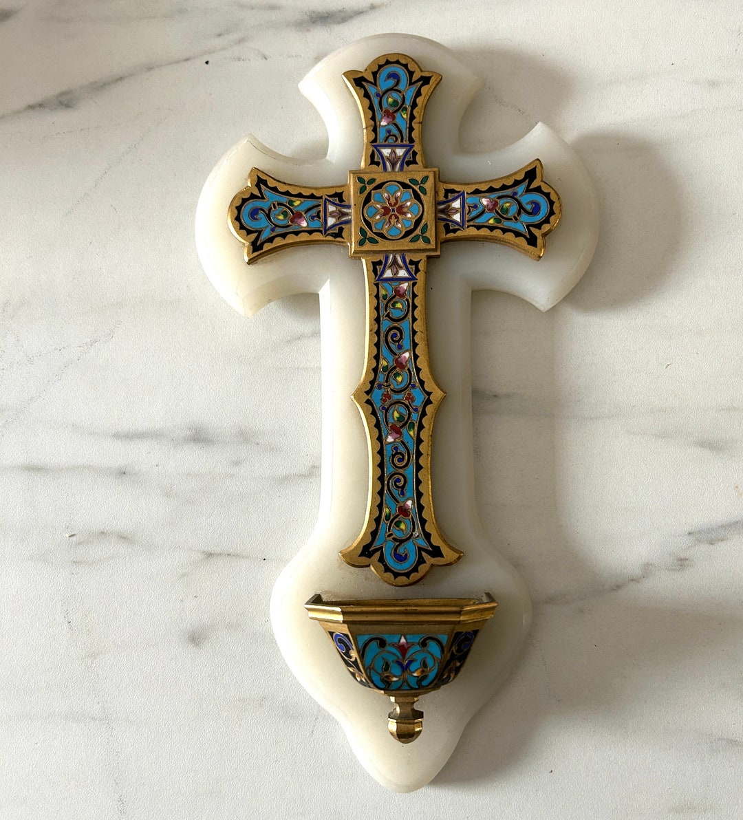 Antique French Cloisonne Cross and Benitier Mounted on White Alabaster ...