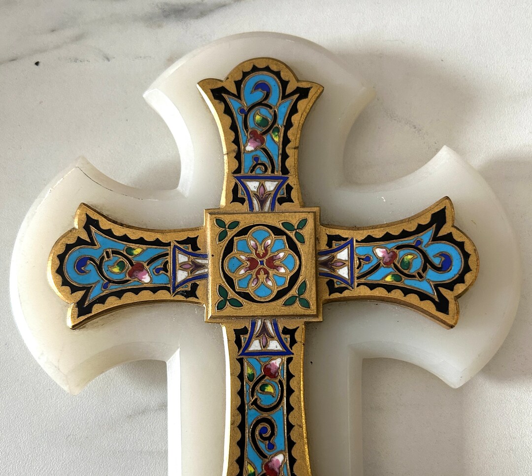 Antique French Cloisonne Cross and Benitier Mounted on White Alabaster ...