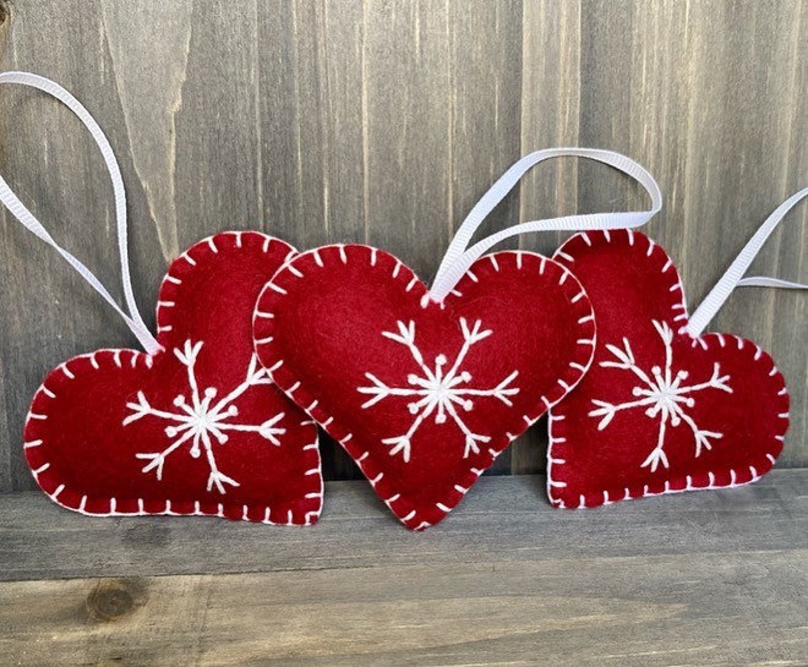 Felt Heart Christmas Ornament Set of 3, Embroidered Felt Snowflake ...