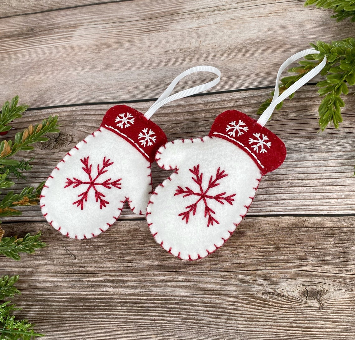 Felt Mitten Christmas Ornaments, Embroidered Felt Ornaments, Felt ...