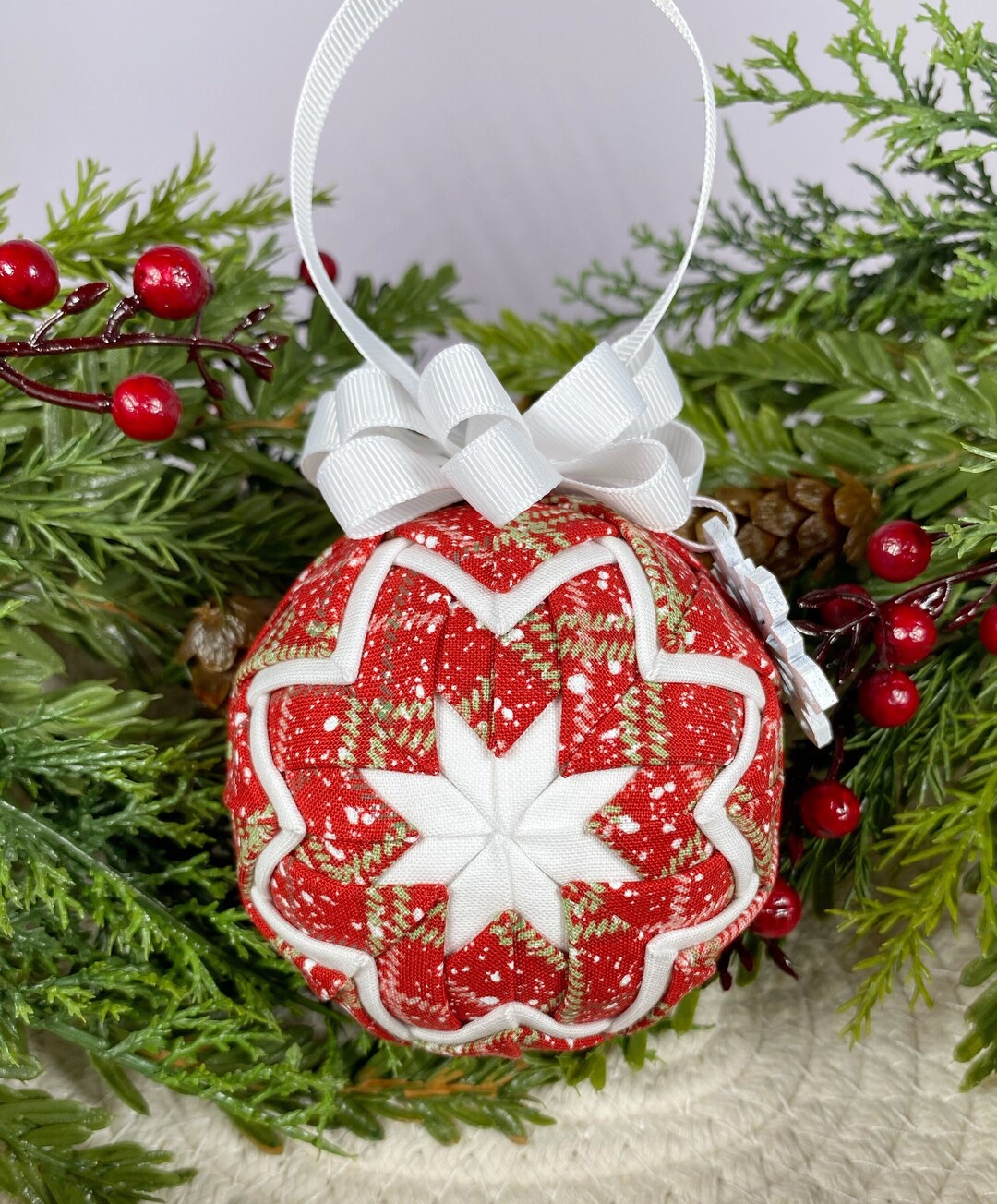 Red and White Quilted Christmas Ornament, Handmade Fabric Ornaments ...