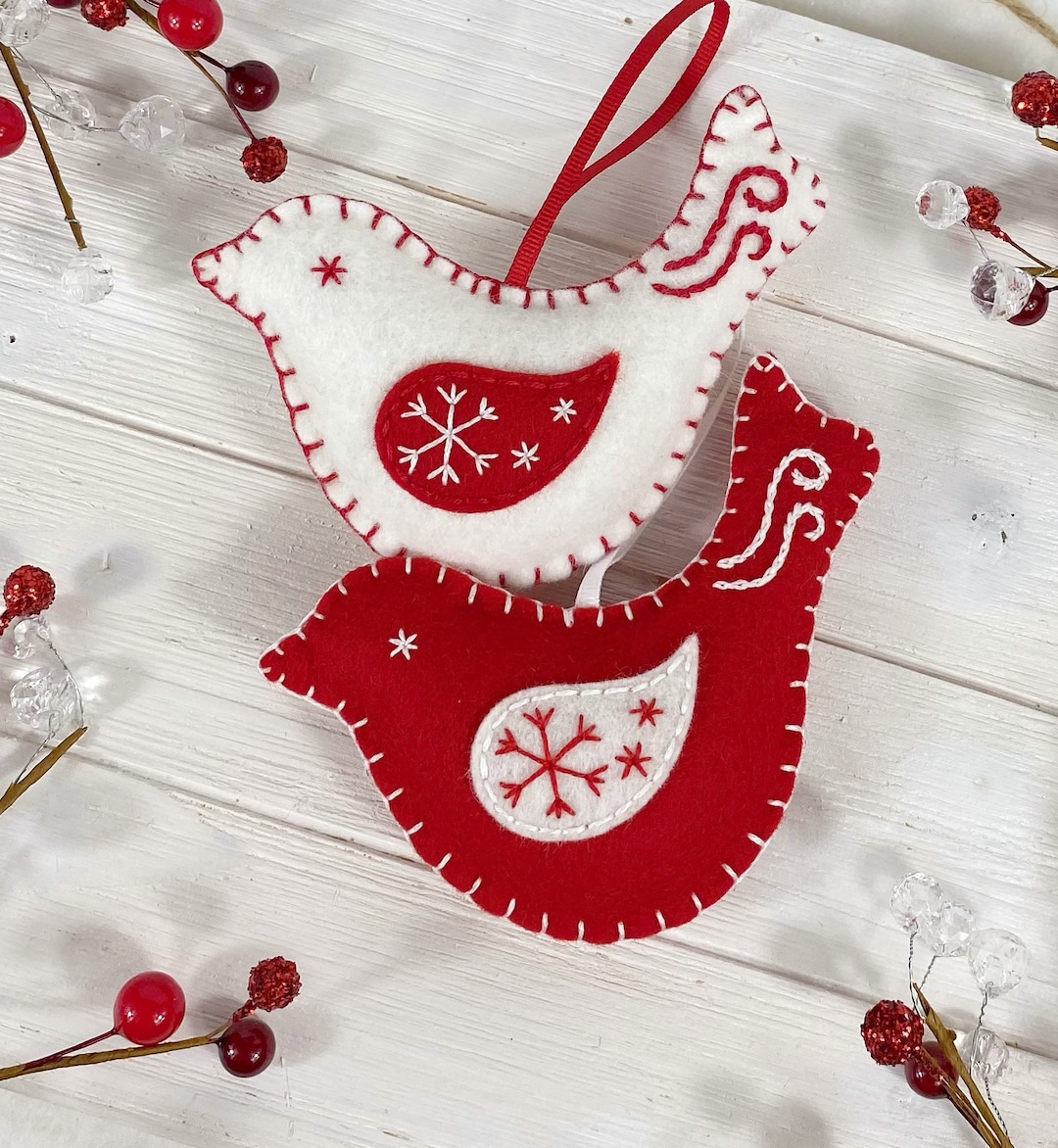 Felt Bird Christmas Ornament, Felt Christmas Ornaments, Red White Bird ...