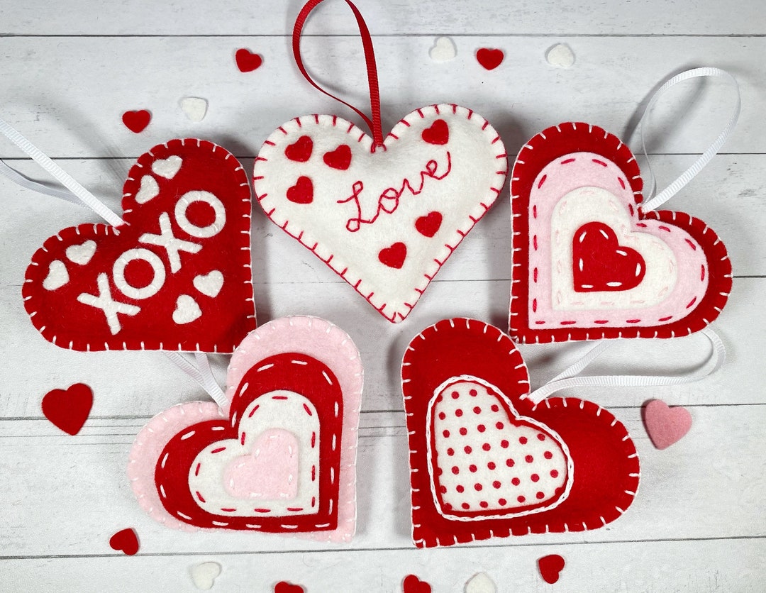 Felt Valentine Hearts, Felt Valentine Ornaments, Red Pink and White ...