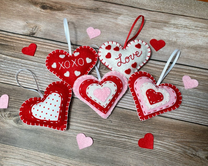 Felt Valentine Hearts Felt Valentine Ornaments Red Pink and - Etsy